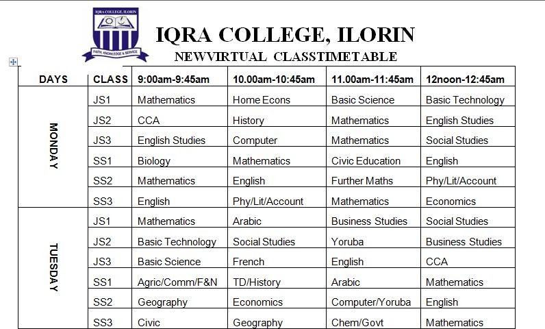 Virtual Class Time Table – IQRA COLLEGE, ILORIN